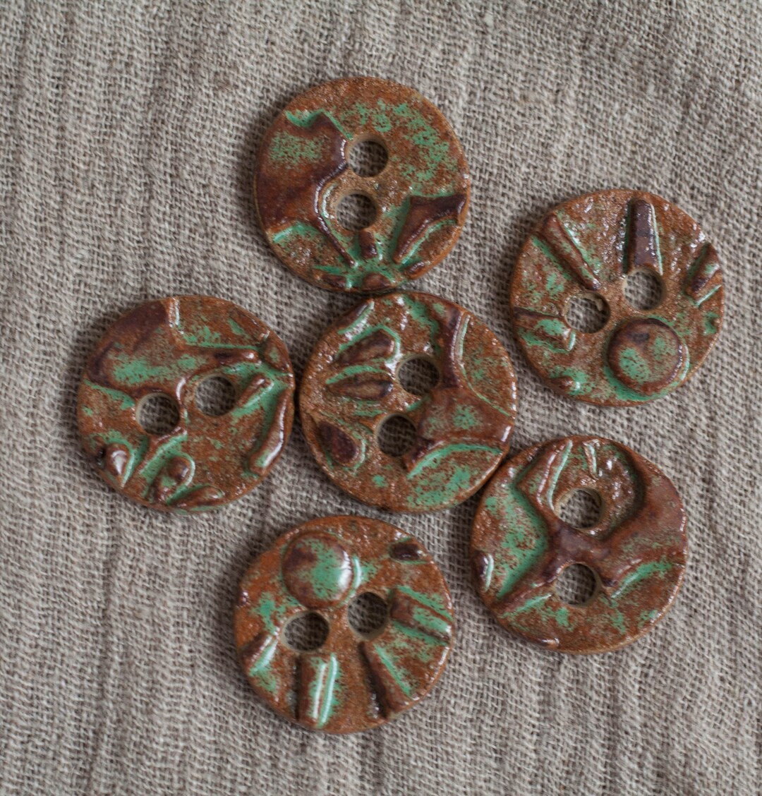 6 Brown and Green Ceramic Buttons, Set of Buttons, Round Shaped Buttons ...