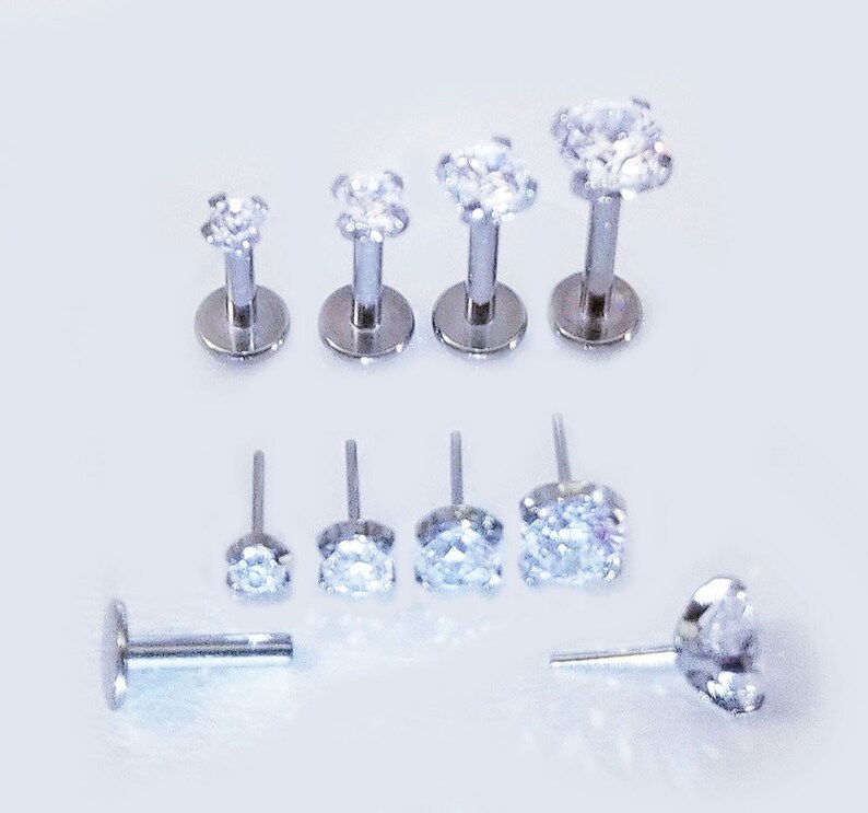 16g TITANIUM Threadless Push Pin Stud~ Clear Gem~ Prong Setting~ 5-11mm ...