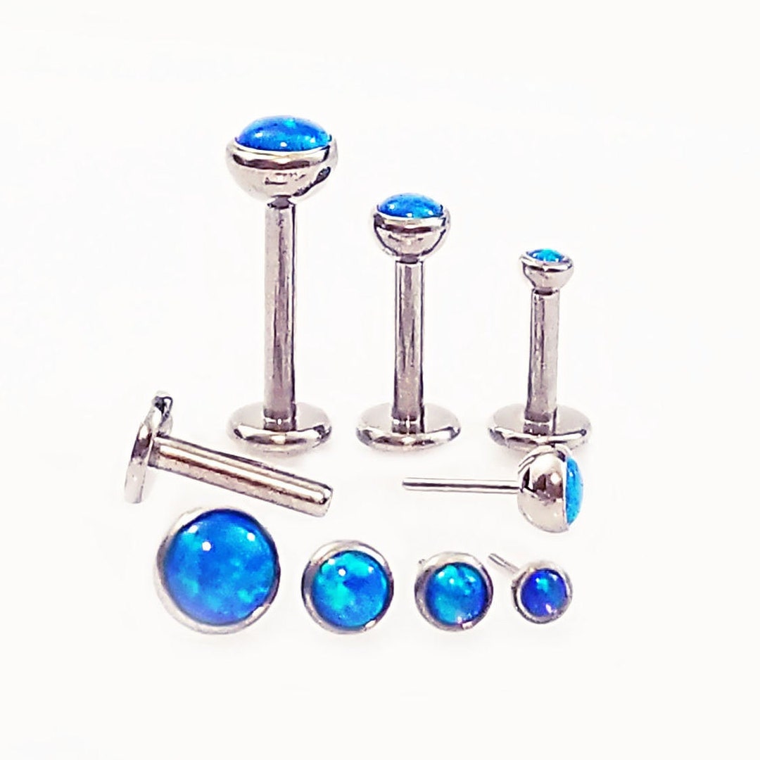 16g TITANIUM THREADLESS BLUE Opal~ 5-11mm Custom Length Labret Monroe ...