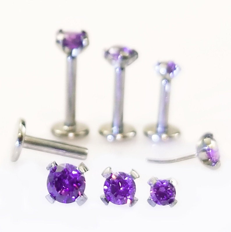16g TITANIUM THREADLESS Push Pin Stud~ PURPLE Gem Prong Setting~custom ...