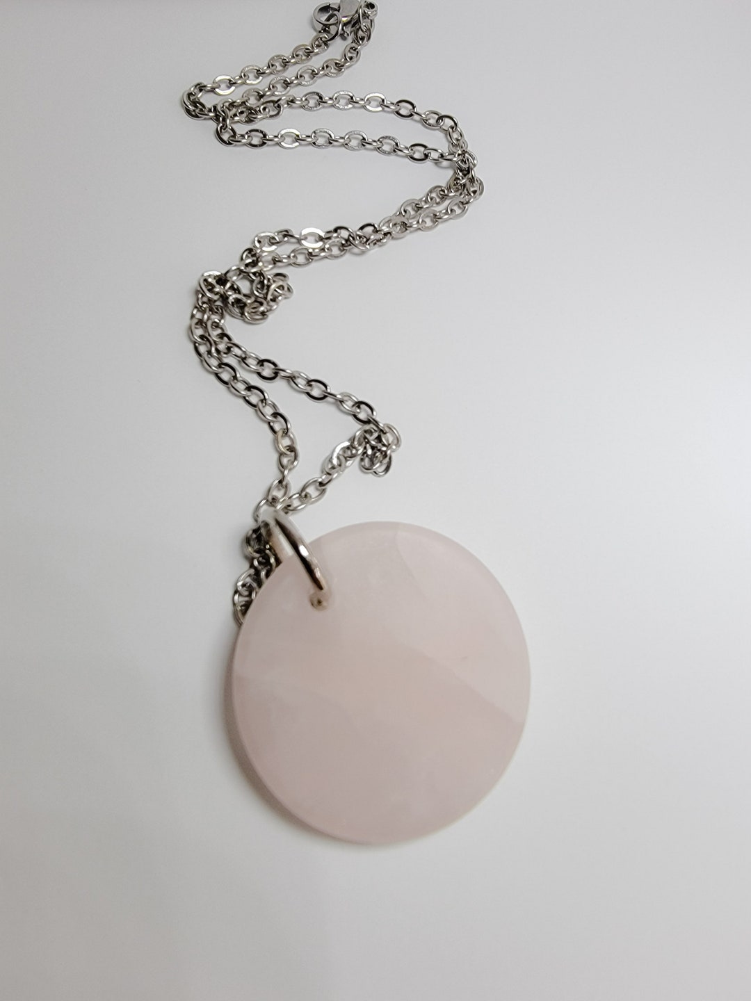 Rose Quartz Coin Pendant With Stainless Steel Chain Necklace - Etsy