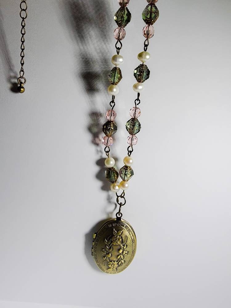 Vintage Inspired Cottagecore Locket Necklace : 30in. Genuine Preciosa ...