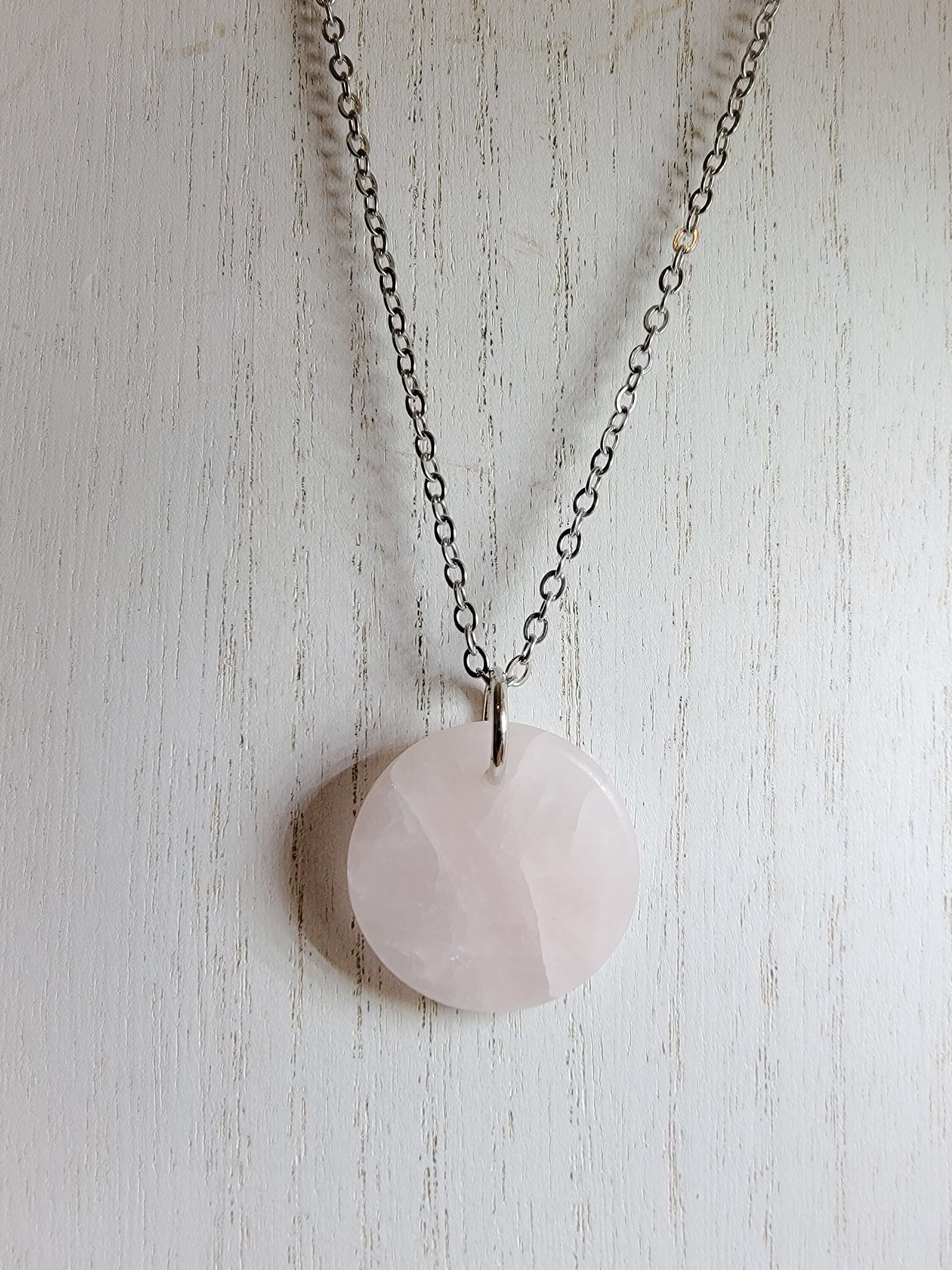 Rose Quartz Coin Pendant With Stainless Steel Chain Necklace - Etsy