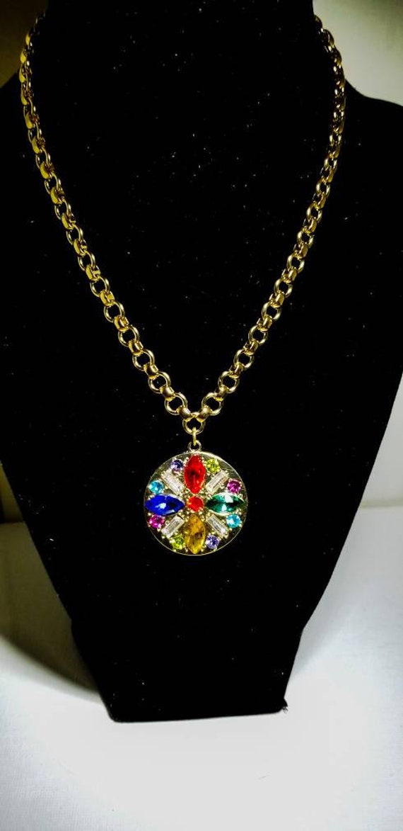 Gold tone Rainbow Crystal Medallion Necklace | Etsy