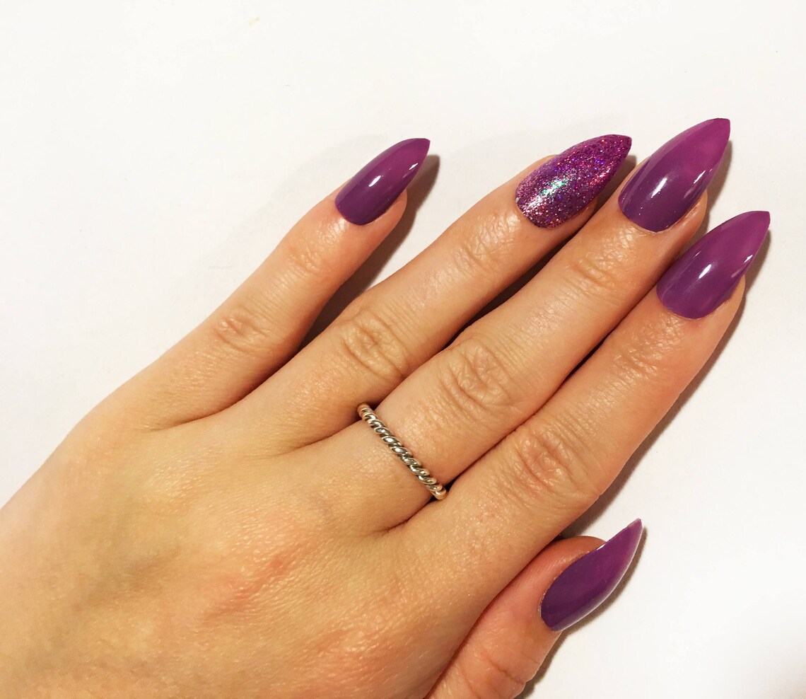 Purple False Nails With Glitter Accent Nail Set of 20 Gloss | Etsy