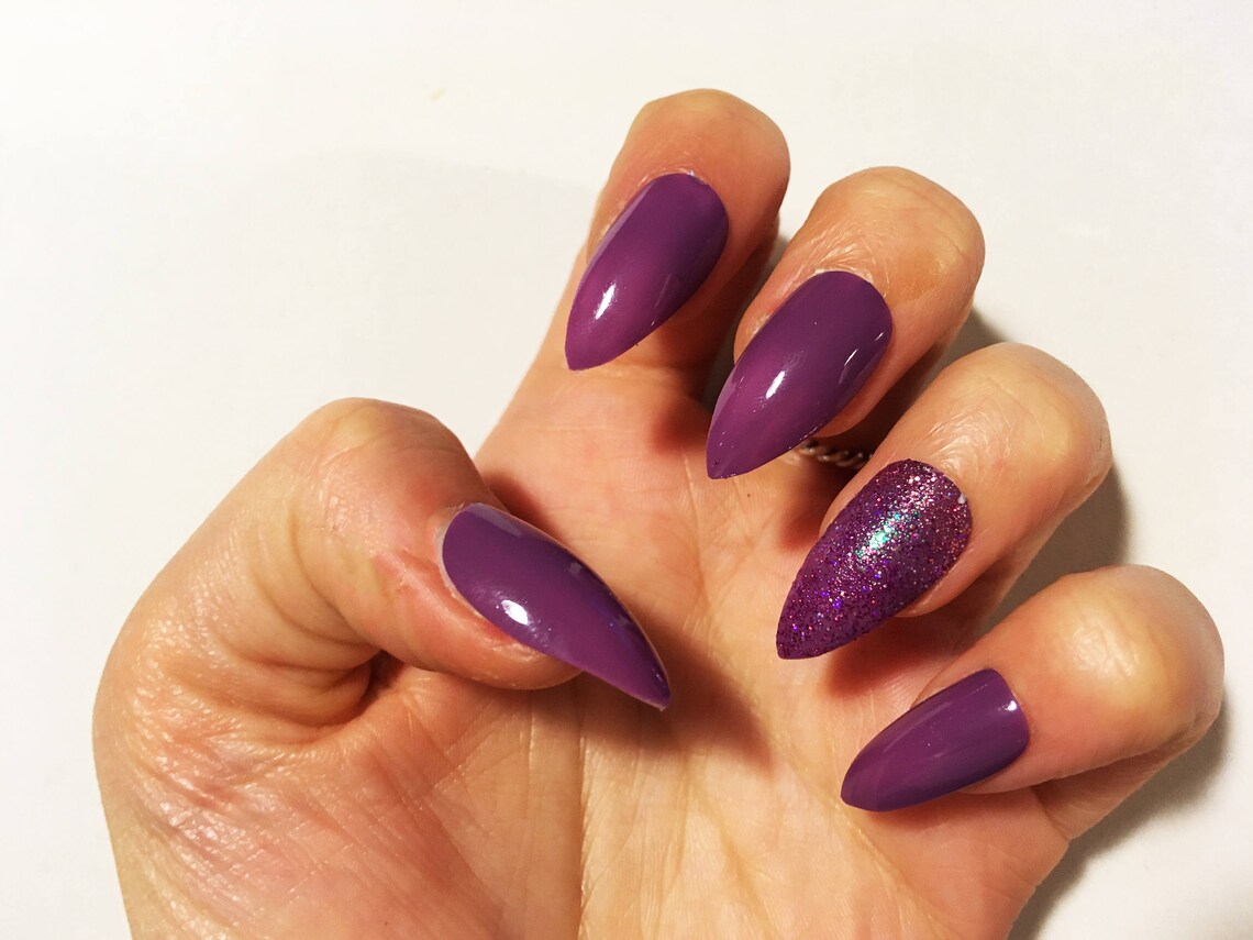 Purple False Nails With Glitter Accent Nail Set of 20 Gloss | Etsy