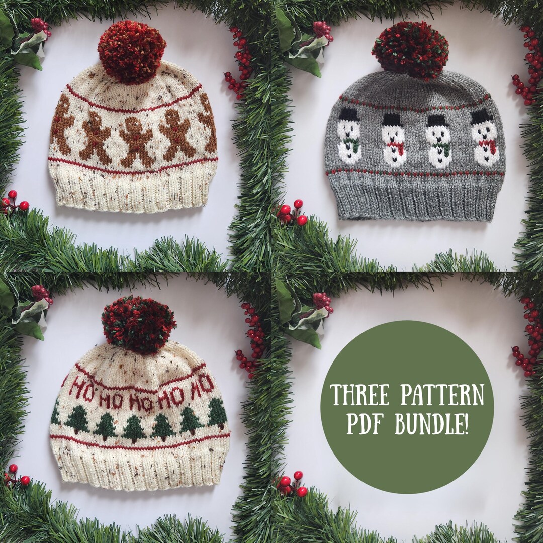Knitting PDF Pattern Set, Cozy Christmas Holiday Beanie Bundle ...