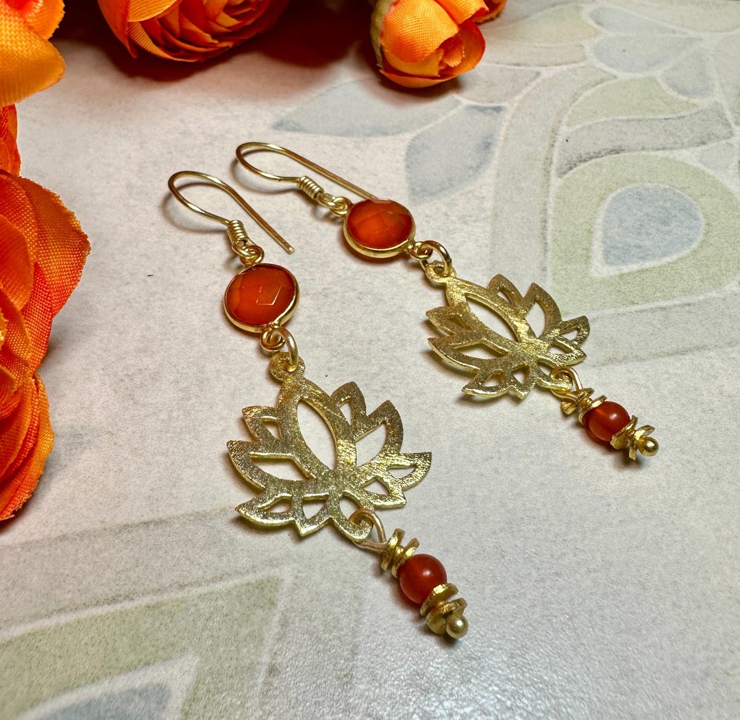Red Onyx and Gold Tone Earrings, Lotus Flower Orange & Gold Earrings ...