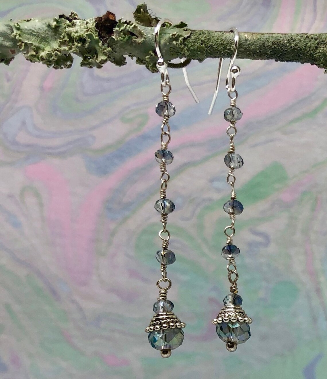 Rosary Chain Earrings, Blue Crystal Earrings, Silver Earrings, Dangle ...