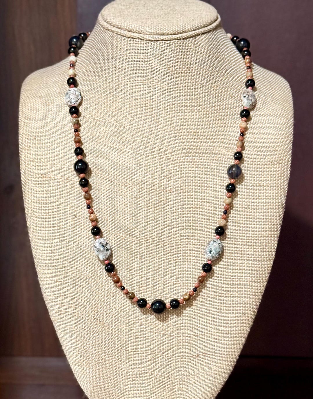Handmade Agate, Jasper, and Obsidian Gemstones Love Beads Necklace. 26 ...