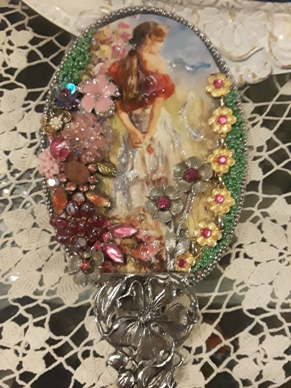 Vintage Inspired Hand Mirror. Beautiful Image Adorns This One of a Kind ...