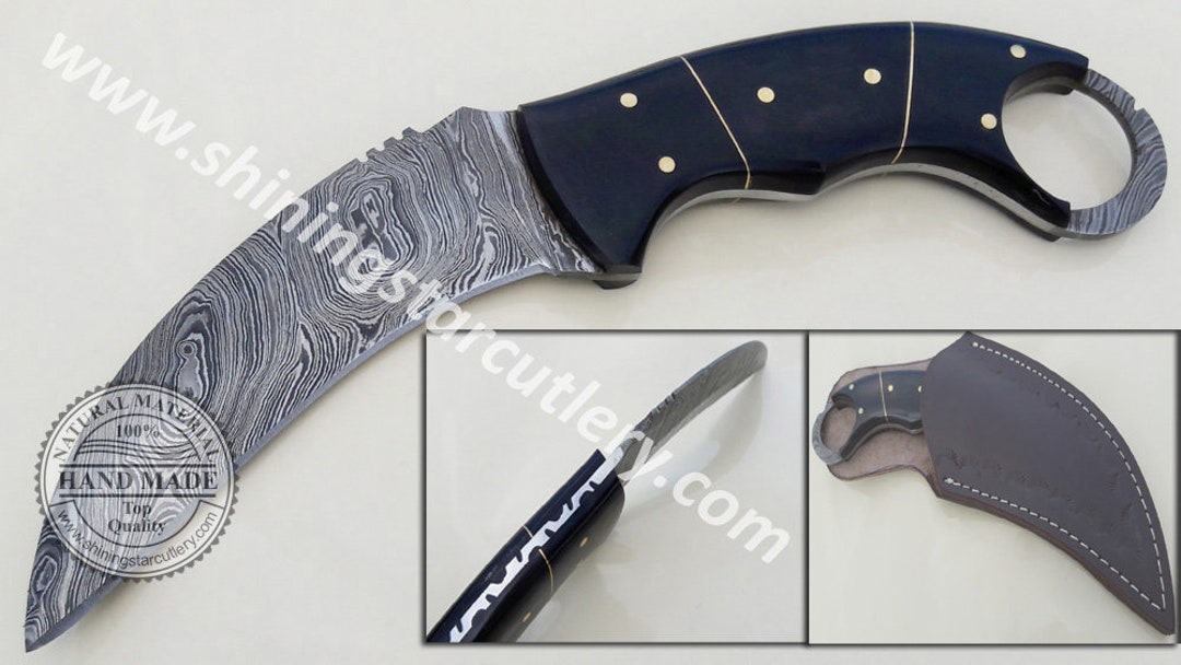 Hand Forged Damascus Steel Karambit Knife, Black Horn Handle, W/sheath ...