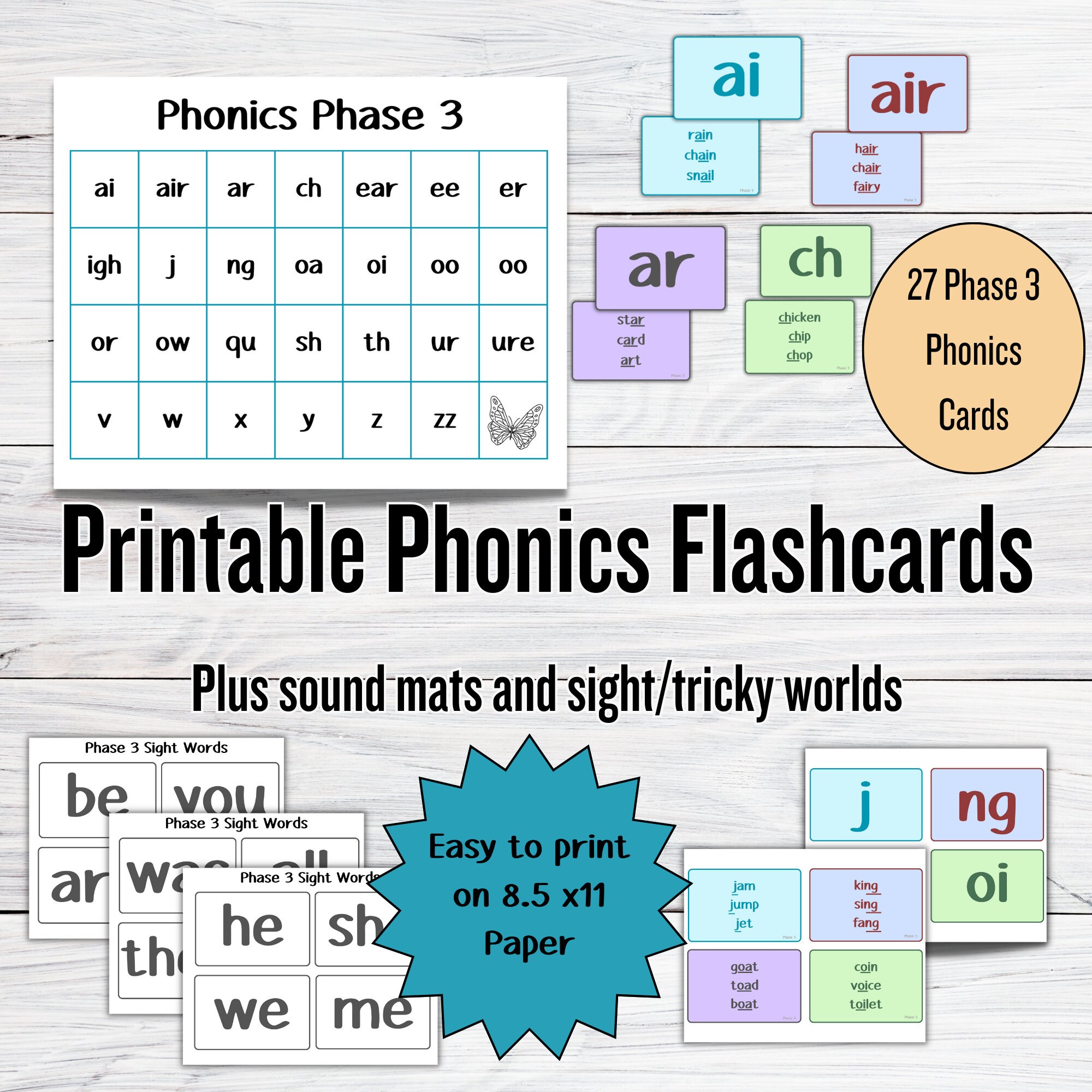 Printable Phonics Flashcards, Phase 2 and 3 Phonics Cards - Etsy