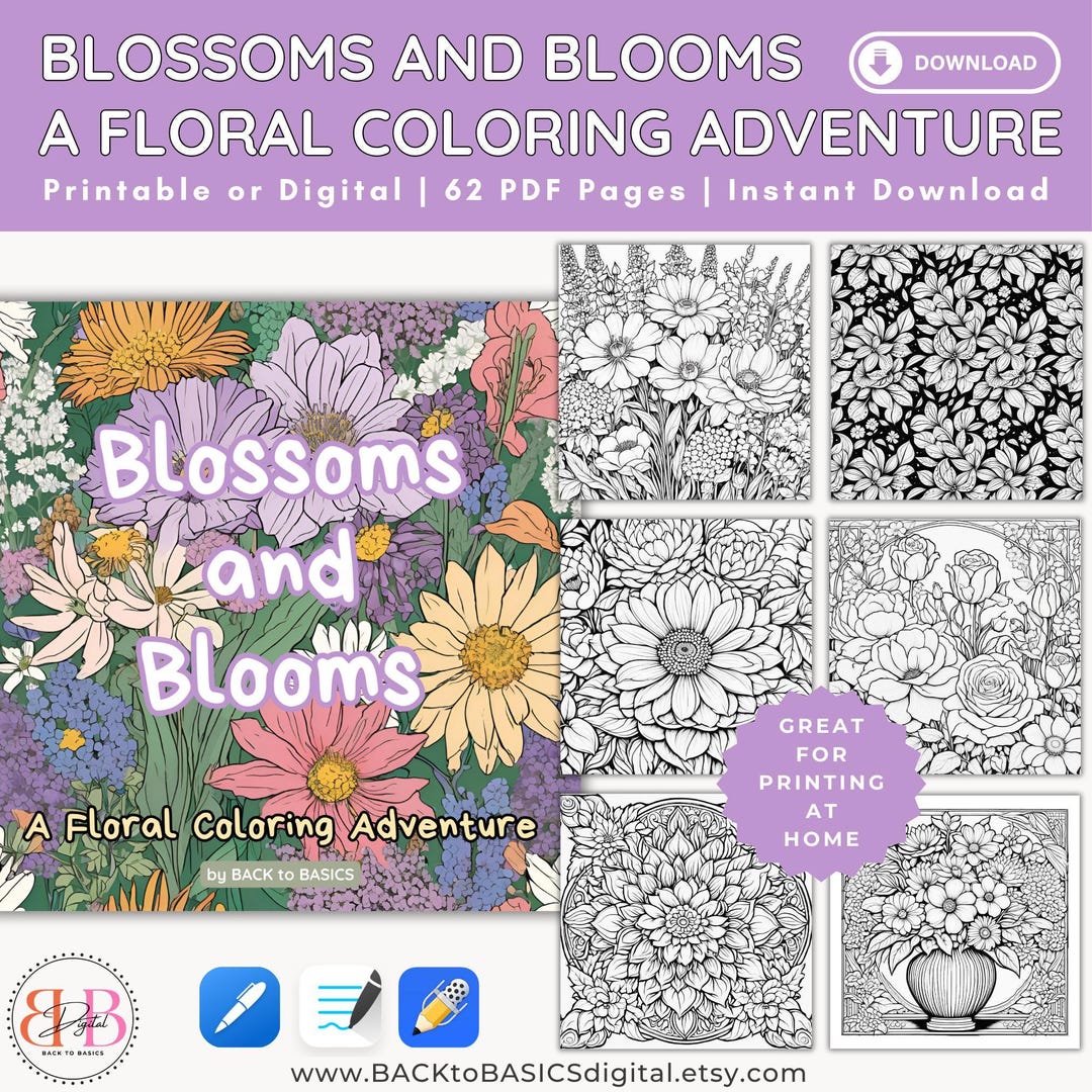 Blossoms and Blooms Adult Coloring Book | 62 Relaxing Floral Designs ...