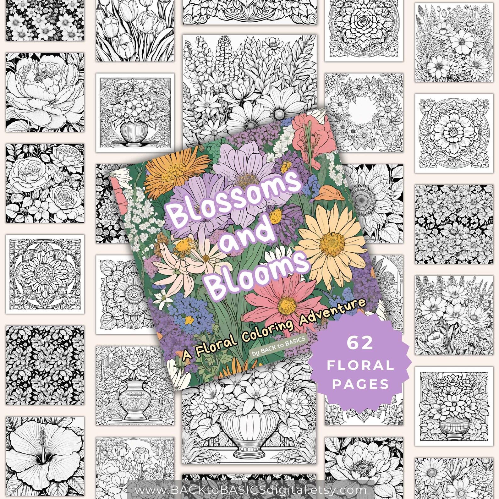 Blossoms and Blooms Adult Coloring Book | 62 Relaxing Floral Designs ...