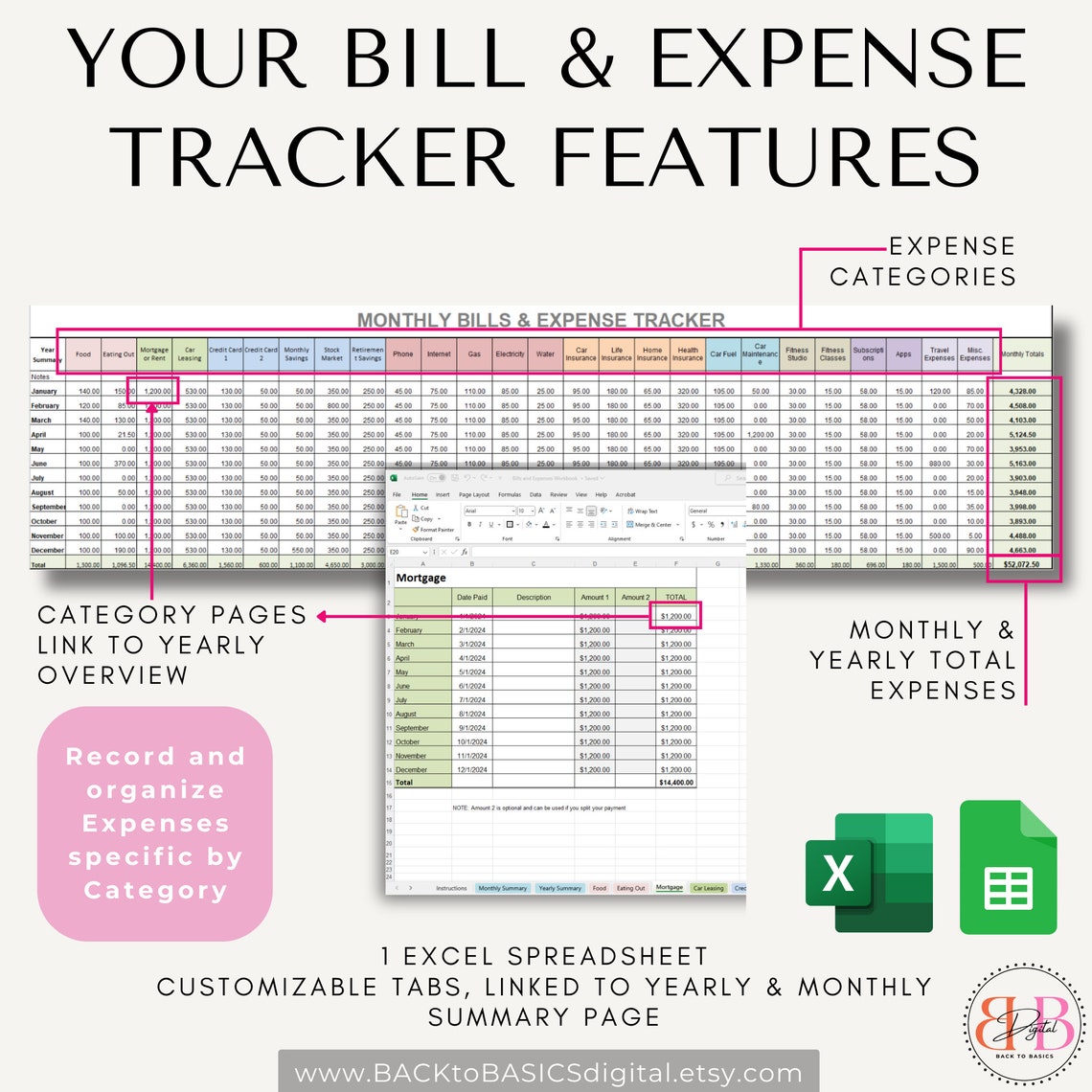 Easy to Use Bills and Expense Tracker, Finances Spreadsheet, Excel or ...