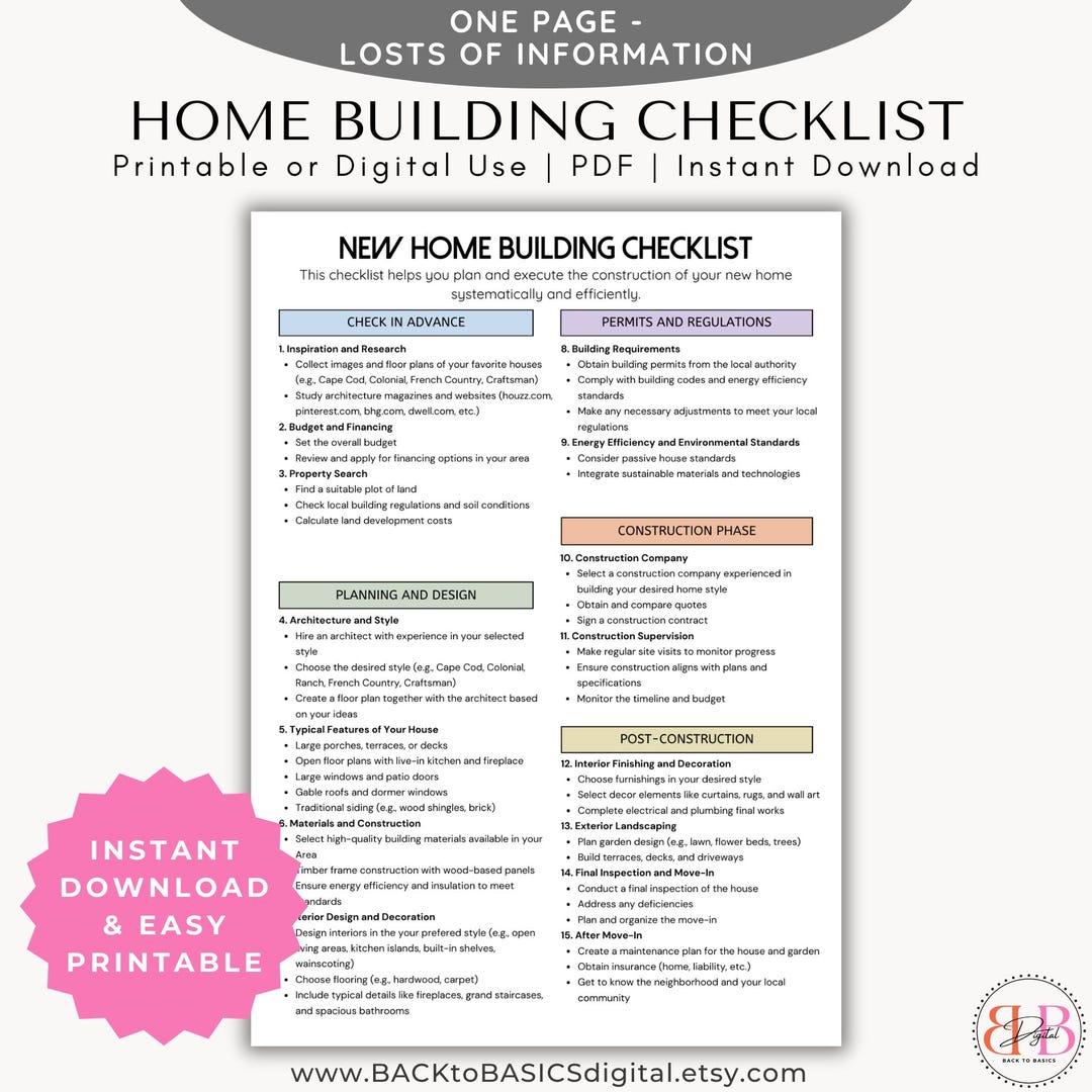 Home Building Checklist - 1-page Printable PDF for Home Build & Home ...
