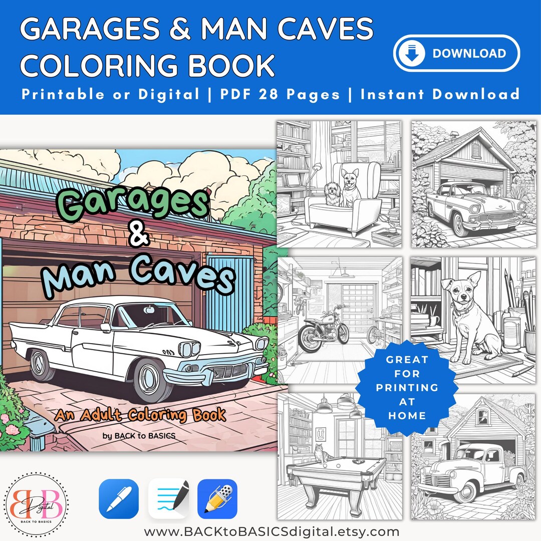 Garages & Man Caves Coloring Book | Printable Relaxing Adult Fun ...