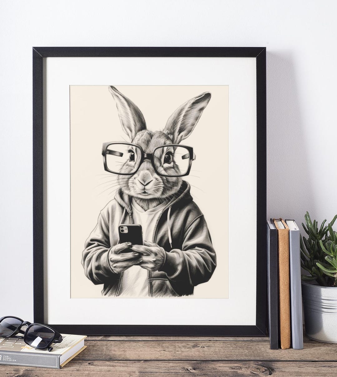 Geek Bunny Digital Art – Cute Nerdy Rabbit Wall Print, Trendy Instant ...