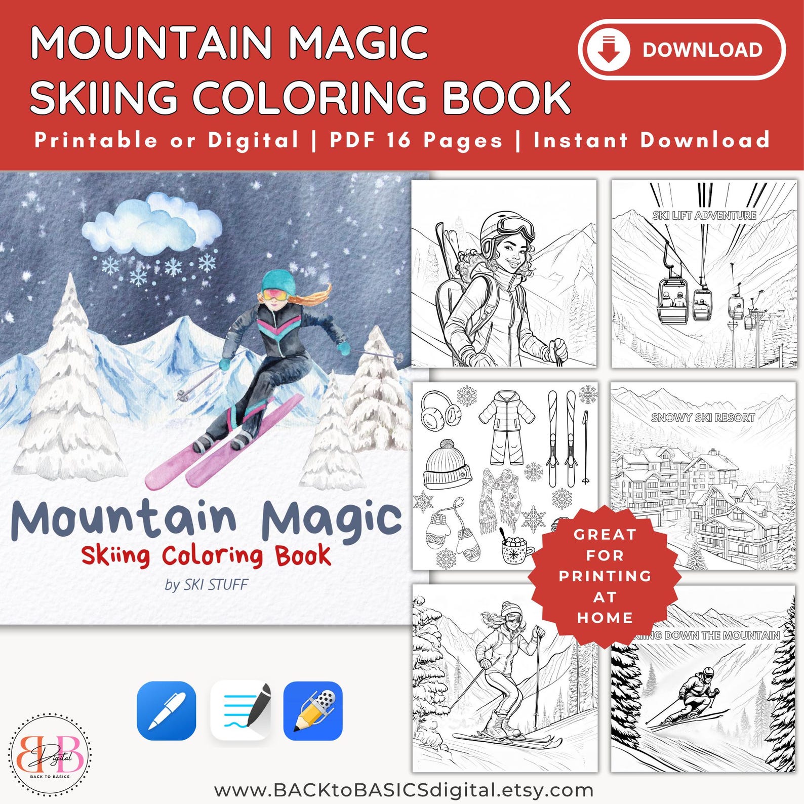 Mountain Magic Skiing Coloring Book, 16 Printable Winter Designs ...