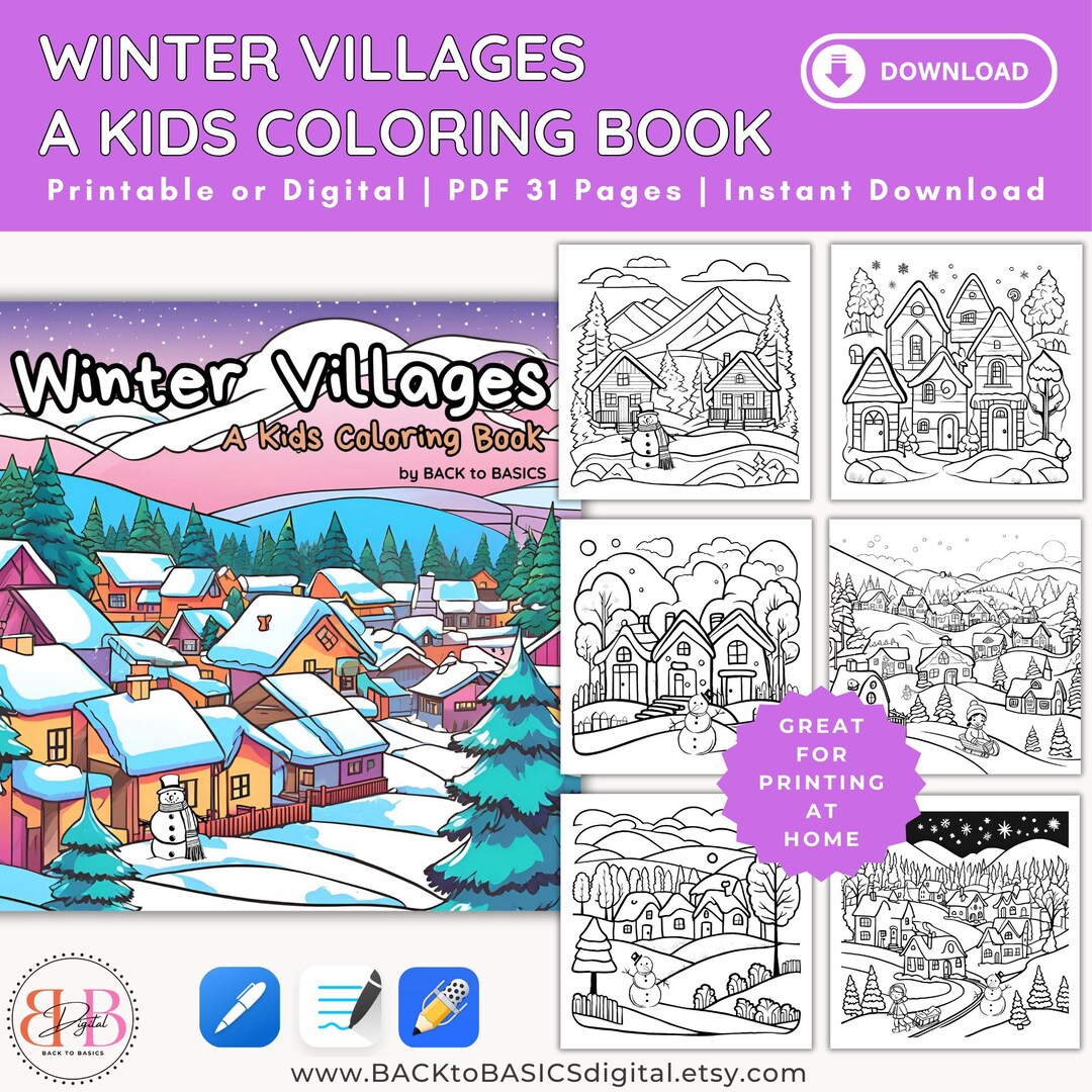 Winter Village Kids Coloring Book | 31 Fun Winter Designs | Instant ...