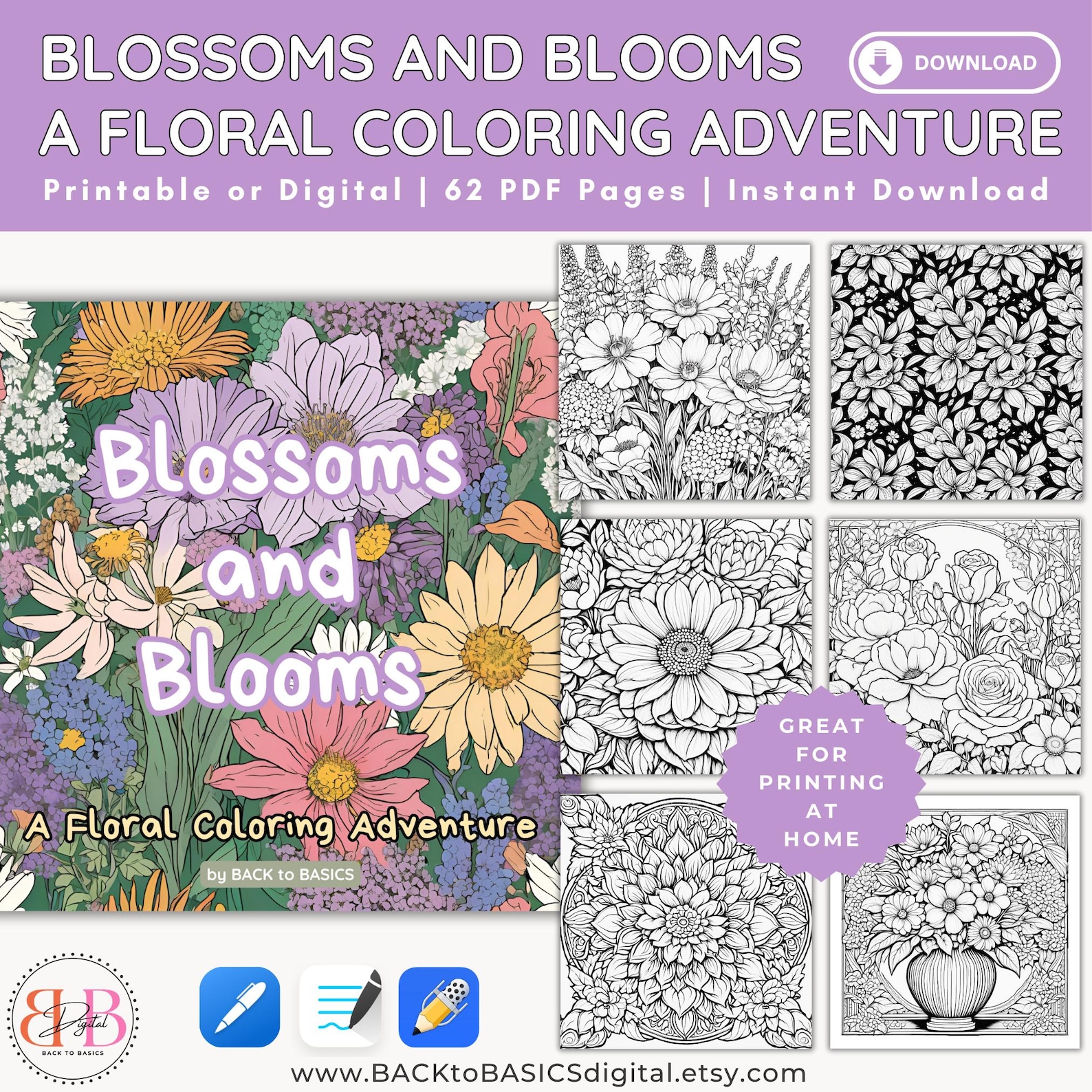 Blossoms and Blooms Adult Coloring Book | 62 Relaxing Floral Designs ...