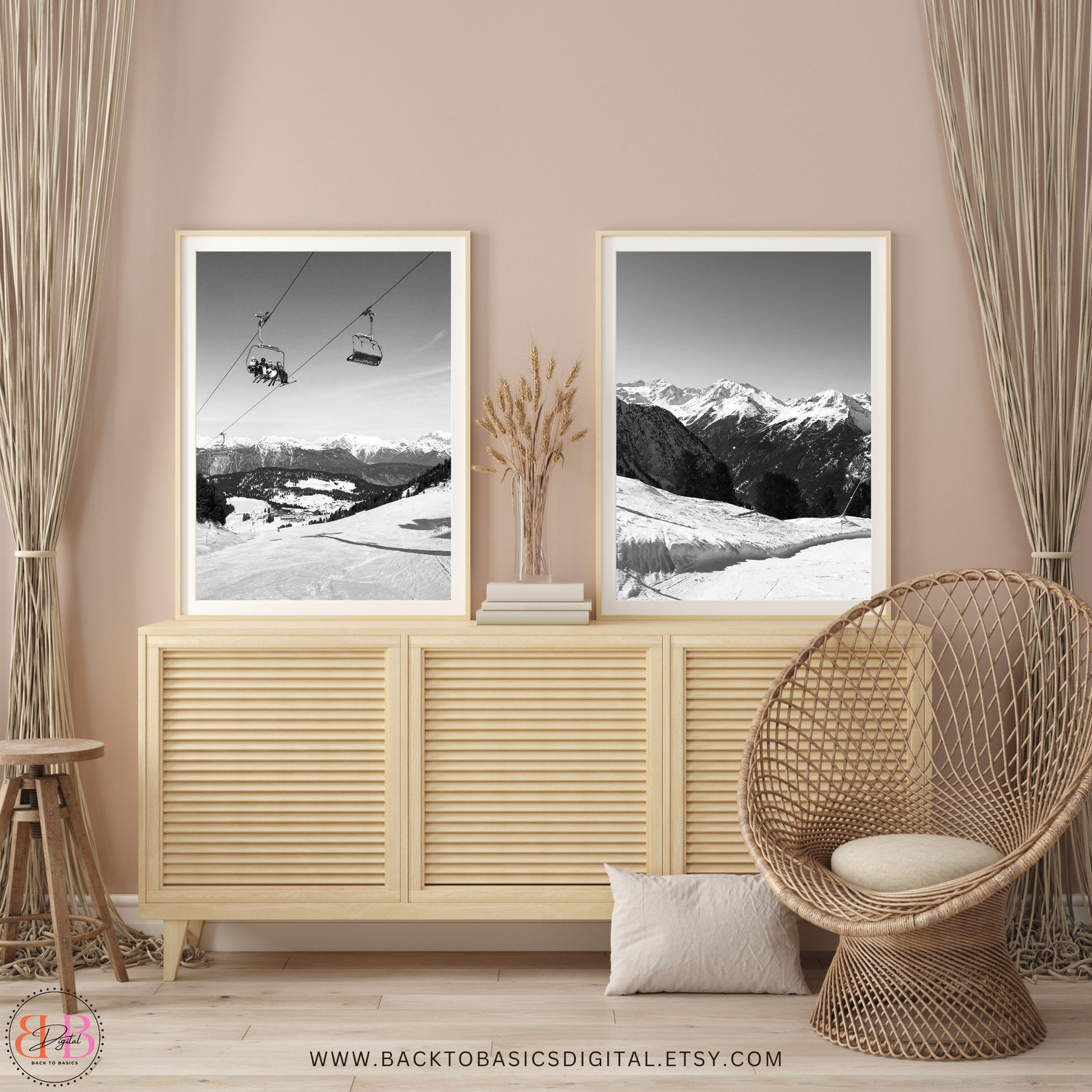 Printable Set of 2 Art Prints, Digital Download, Skiing Wall Art, Chair ...