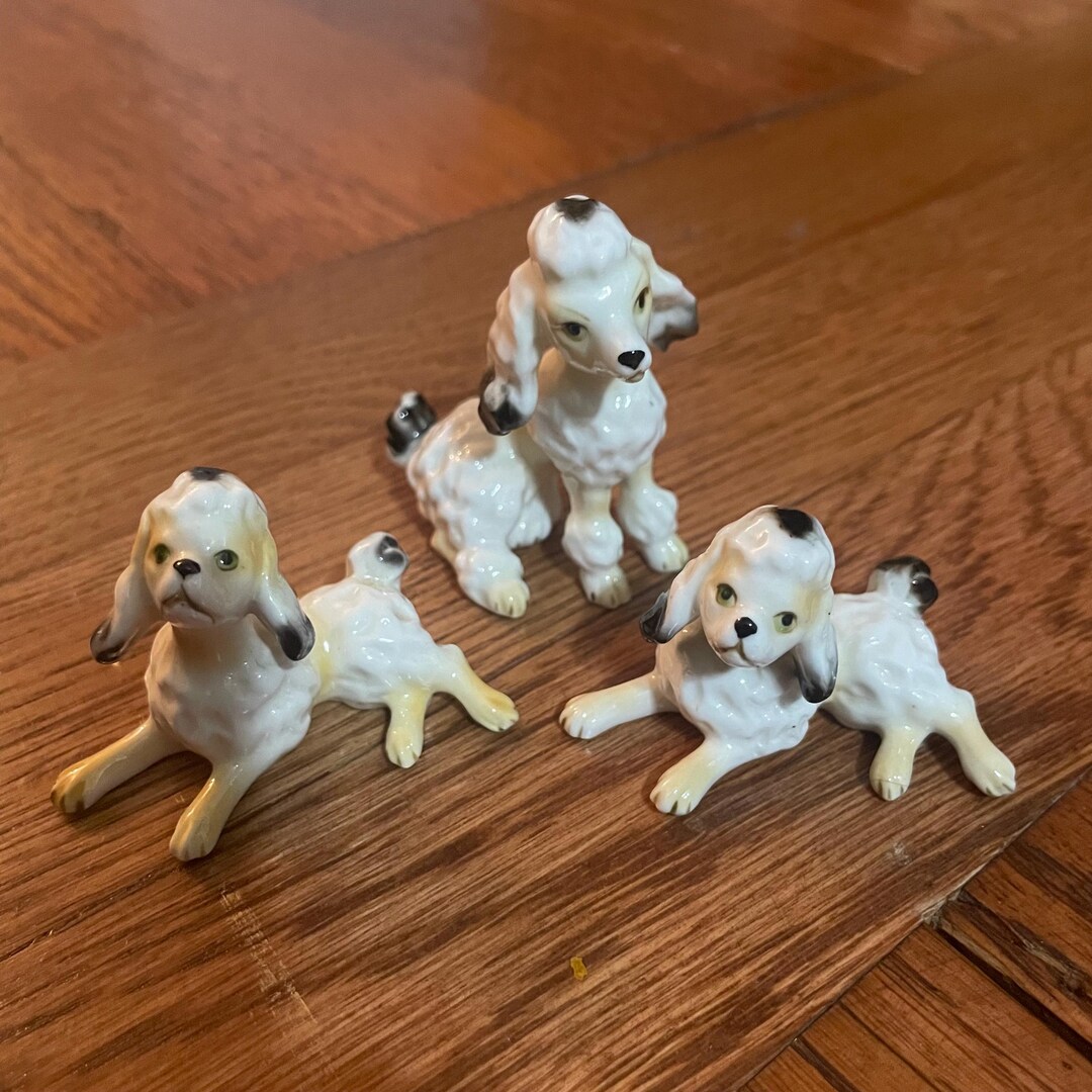 Vtg Bone China Porcelain Mini Figurines Poodle Mom and Puppies Japan ...