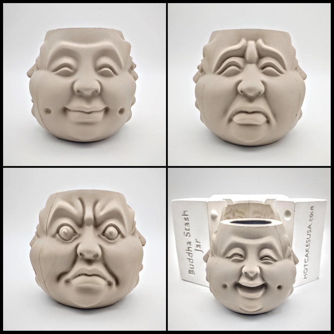 4 Face Buddha Expressions Stash Jar Mold Ceramic Slip Casting Plaster ...