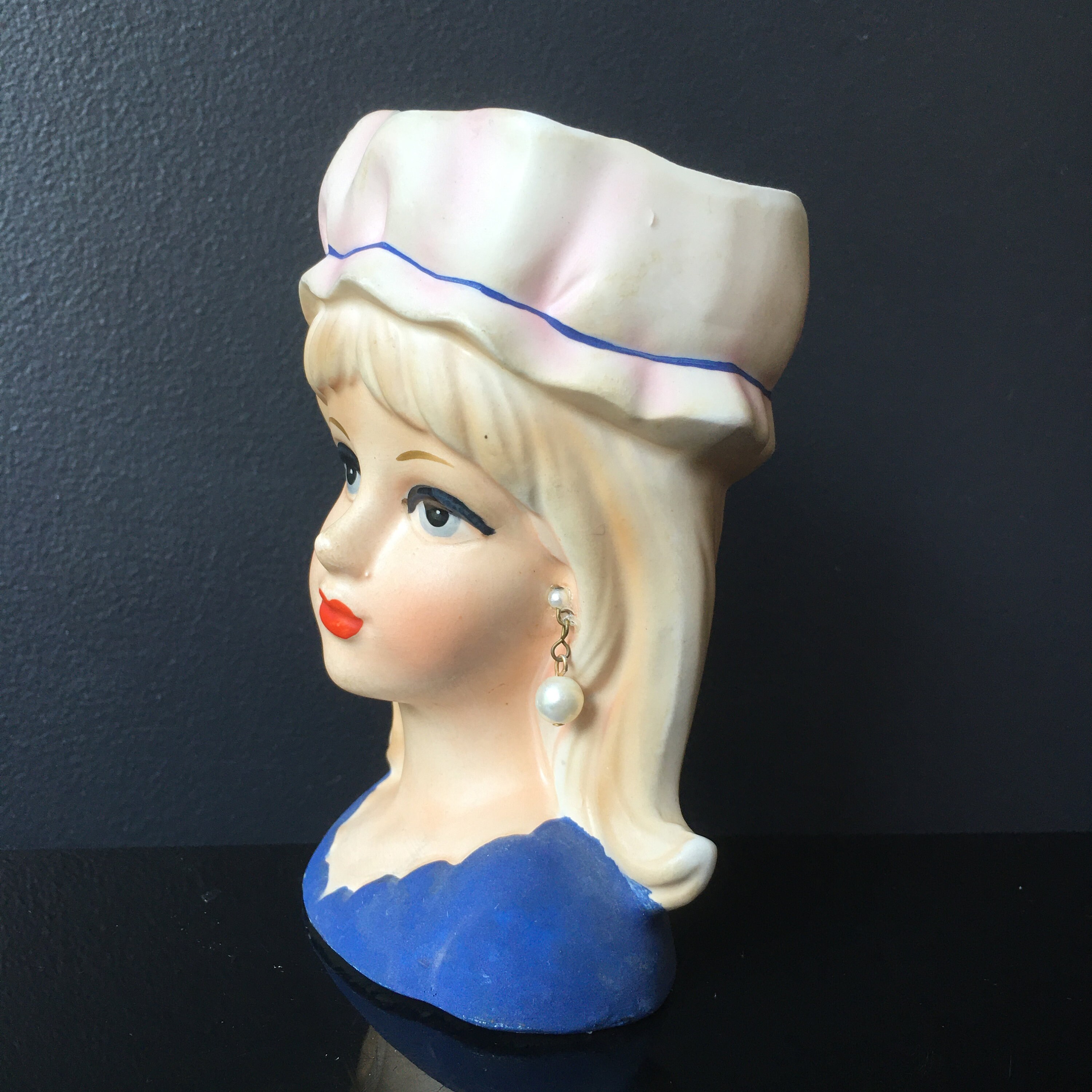 Inarco Head Vase E5624 Blonde Lady Blue Dress Pink Bonnet - Etsy