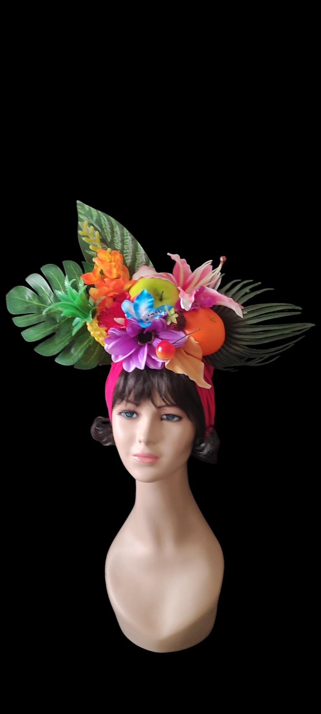 Hot Pink Carmen Miranda Fruit Hat Tropical Headdress Fruit Turban Tiki ...