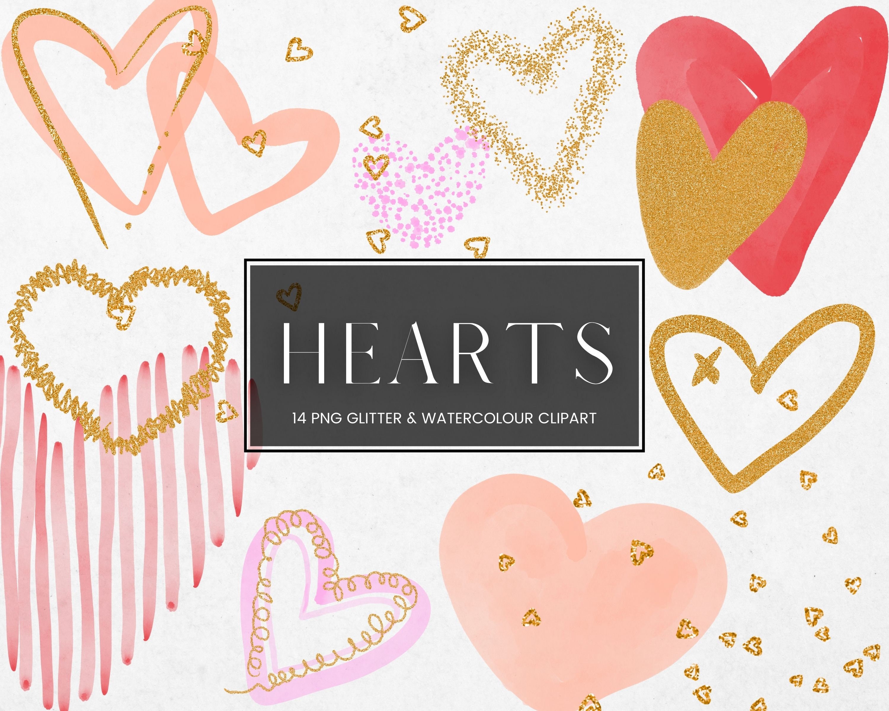 Watercolour and Gold Glitter Heart Clip Art Pink Hand Drawn - Etsy