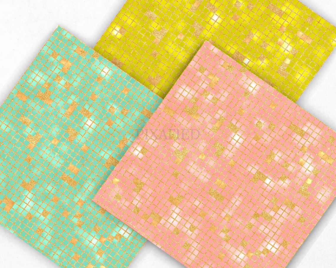 Colourful Gold Glitter Grid Digital Paper Pink Blue Green - Etsy