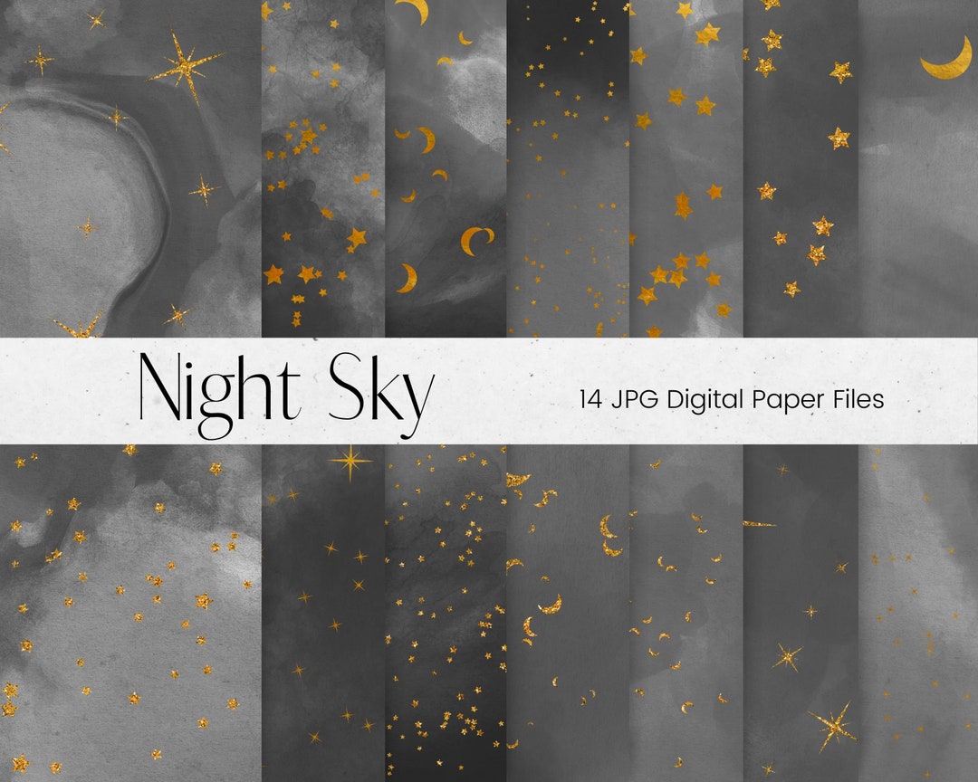 Watercolour and Gold Stars Digital Paper Pattern, Stars and Moon ...