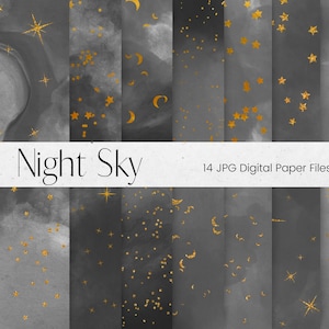 Watercolour and Gold Stars Digital Paper Pattern, Stars and Moon ...