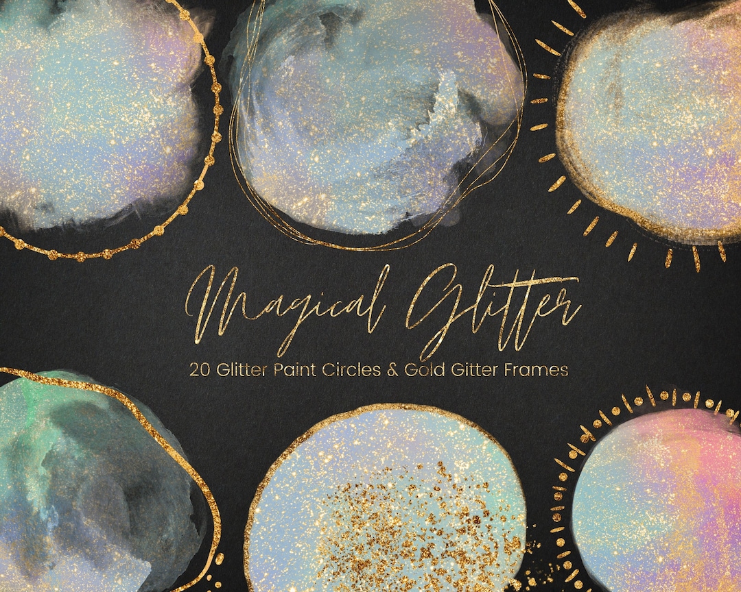 20 Rainbow Glitter Paint Clipart, Gold Glitter Circle Frames, Round ...