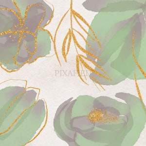 Green Watercolour Flower Clipart, Gold Glitter Leaves Foliage Leaf ...