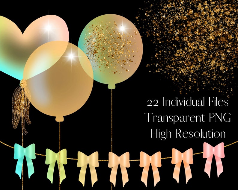 Rainbow and Gold Glitter Party Clipart Set, Balloon Clipart, Party ...