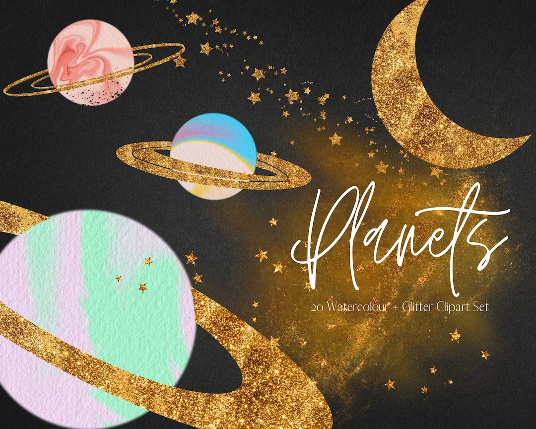 Gold Glitter Watercolour Planets Clipart, PNG Cosmic Galaxy Clip Art ...