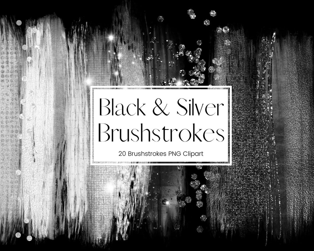 Black and Silver Glitter and Foil Brushstroke Clipart, Sparkling Brush ...