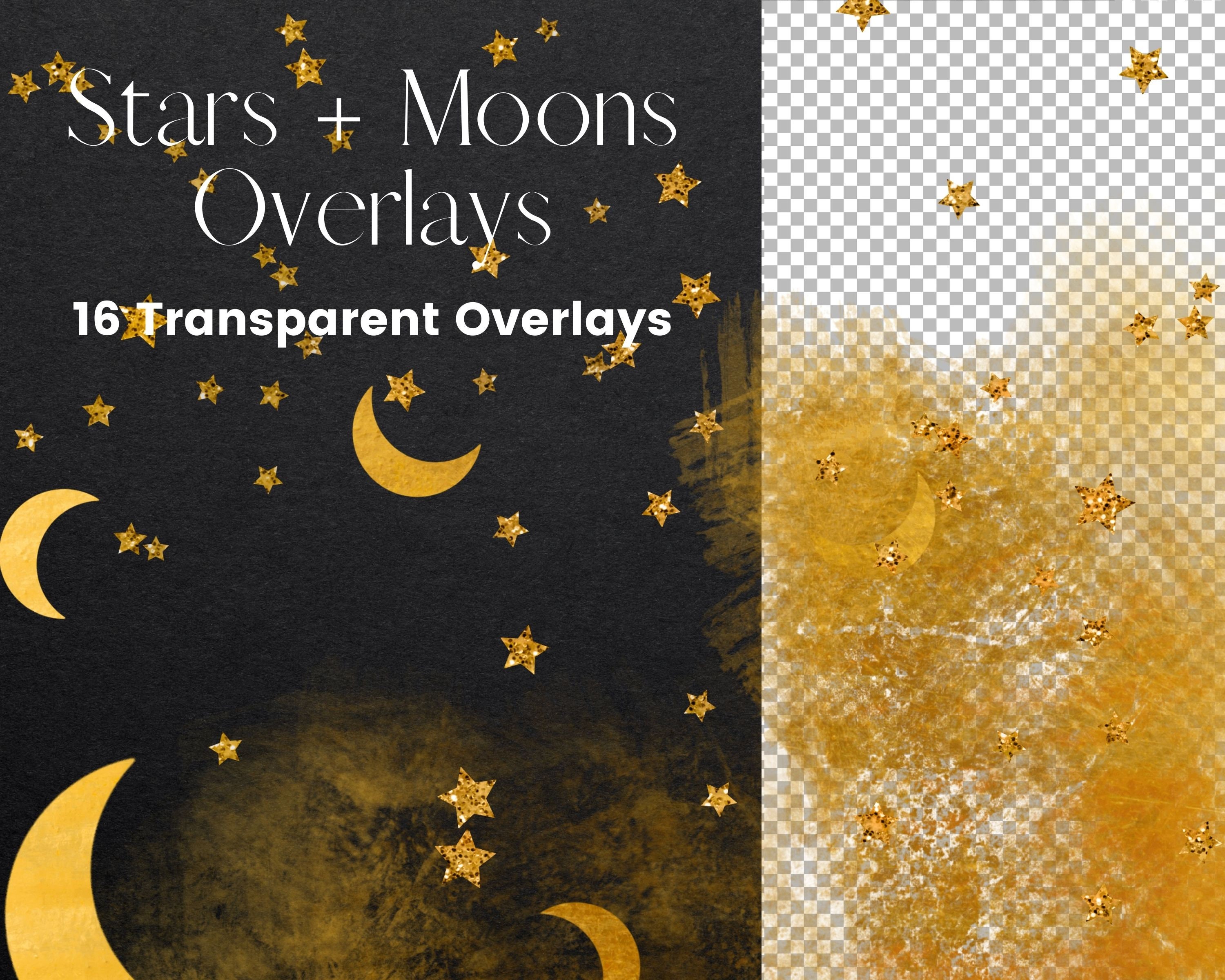 Gold Stars and Moons Overlays, Glitter and Foil Star Clipart, Celestial ...