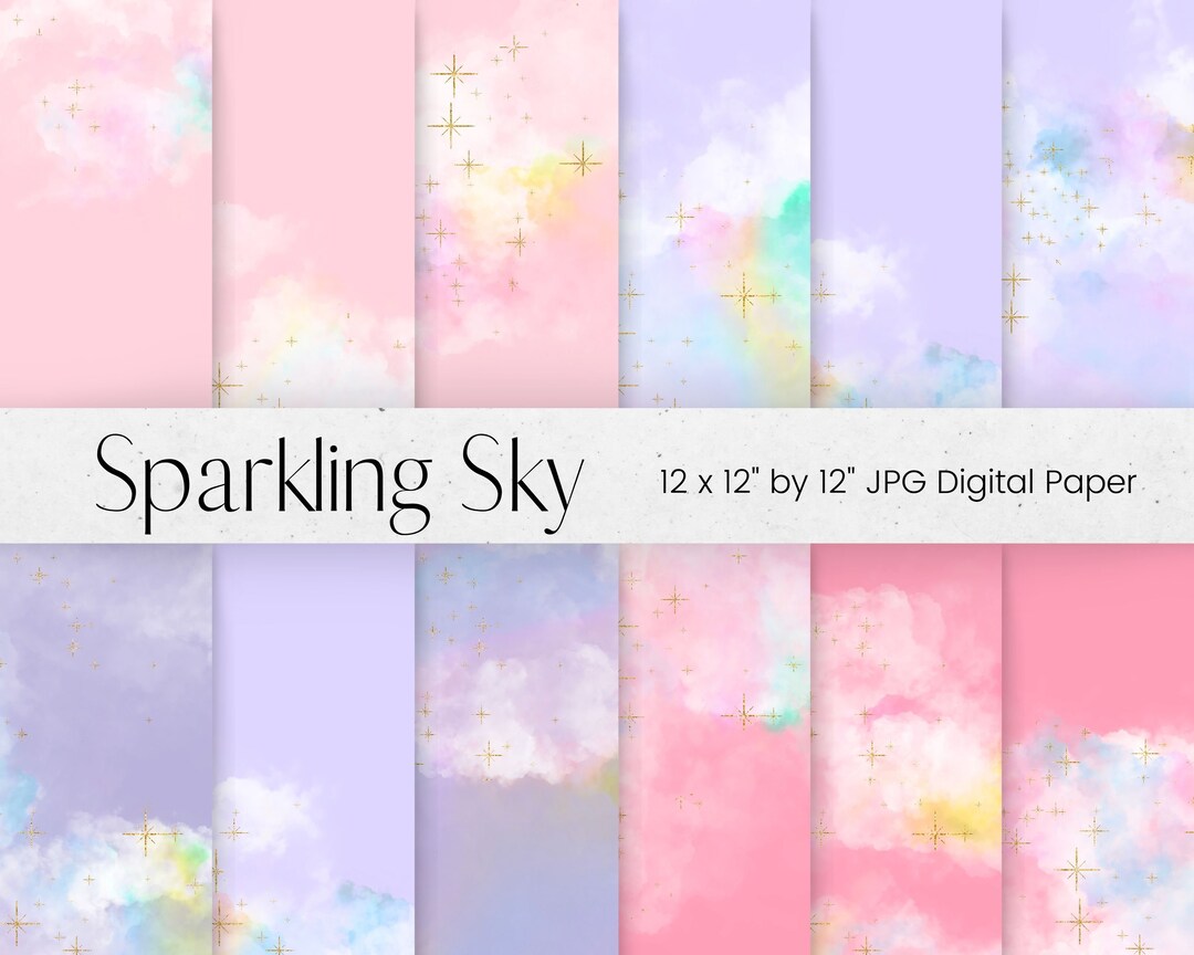 Rainbow Clouds Digital Paper Pattern, Sparkling Gold Stars, Pink ...
