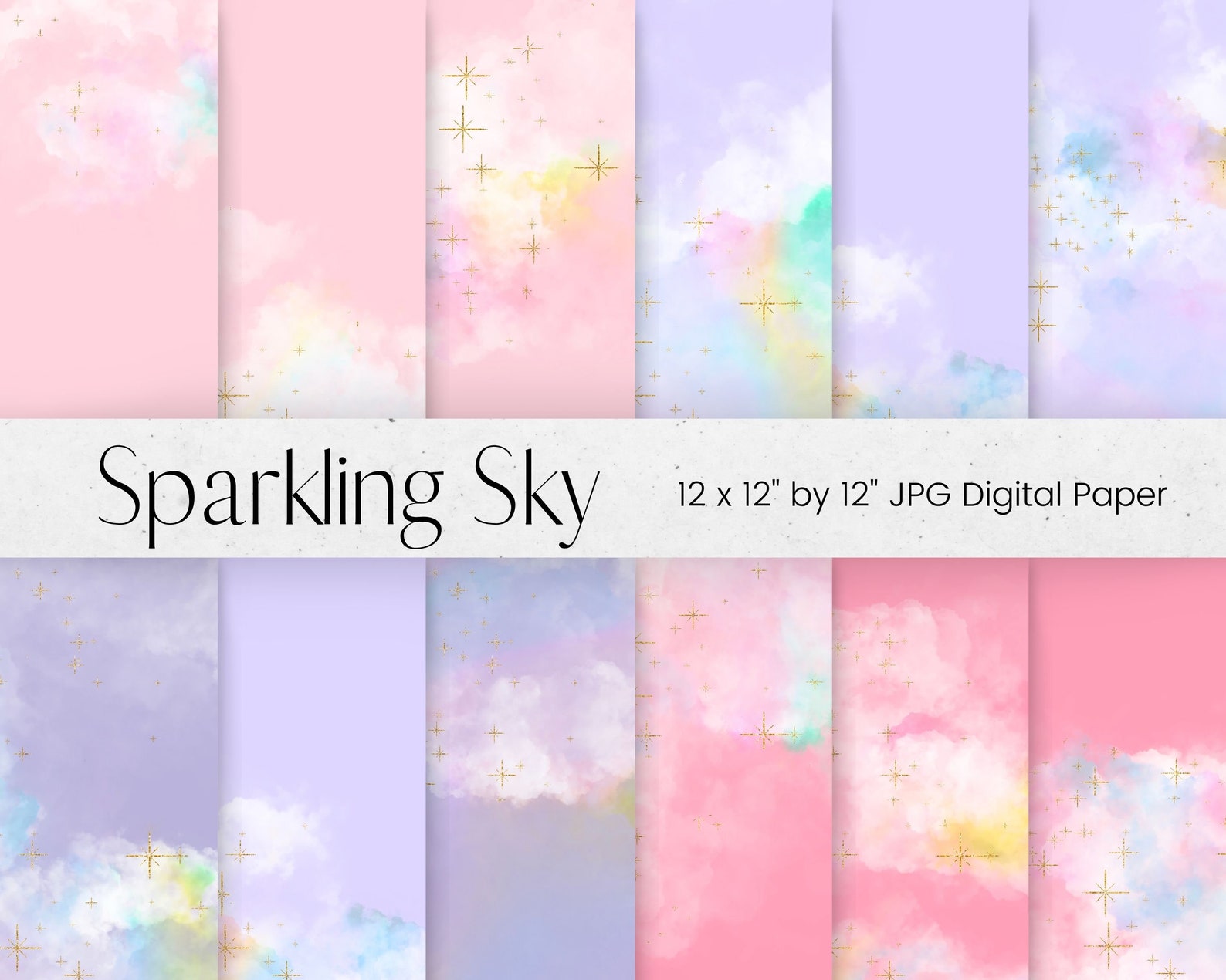 Rainbow Clouds Digital Paper Pattern Sparkling Gold Stars - Etsy