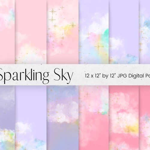 Rainbow Clouds Digital Paper Pattern Sparkling Gold Stars - Etsy