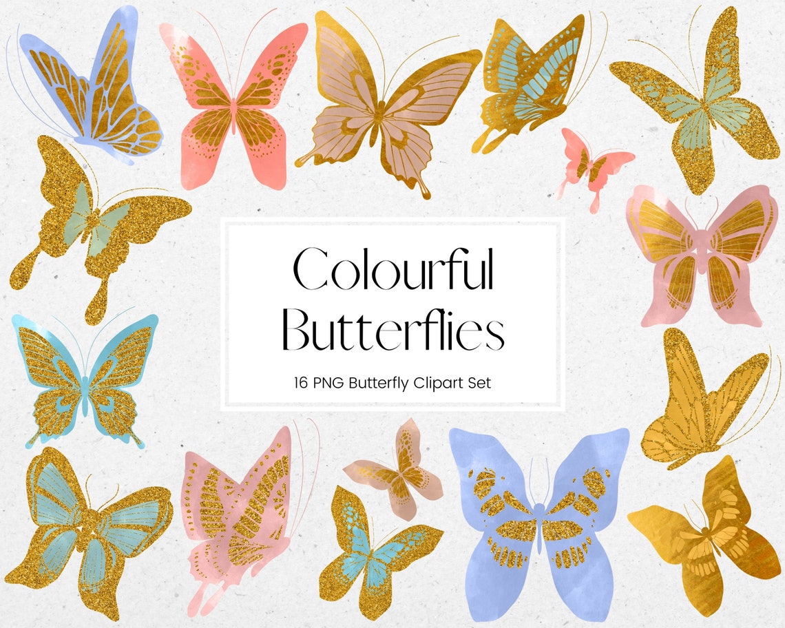 Colourful Butterfly Clipart Gold Foil and Glitter - Etsy