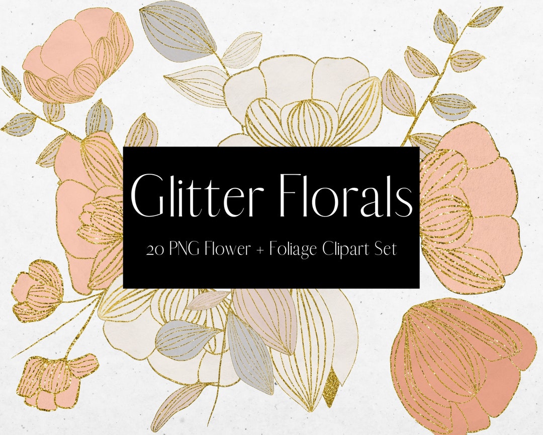 Grey and Beige Glitter Flower Clipart, Gold Glitter Flowers, Fine Line ...