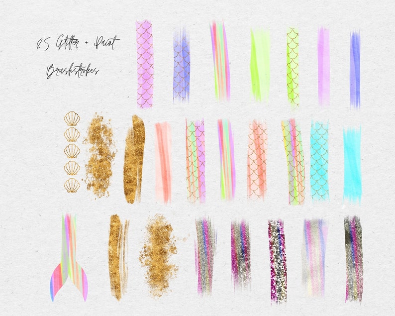 Rainbow Mermaid Brush Strokes Clipart Gold Pink Purple | Etsy