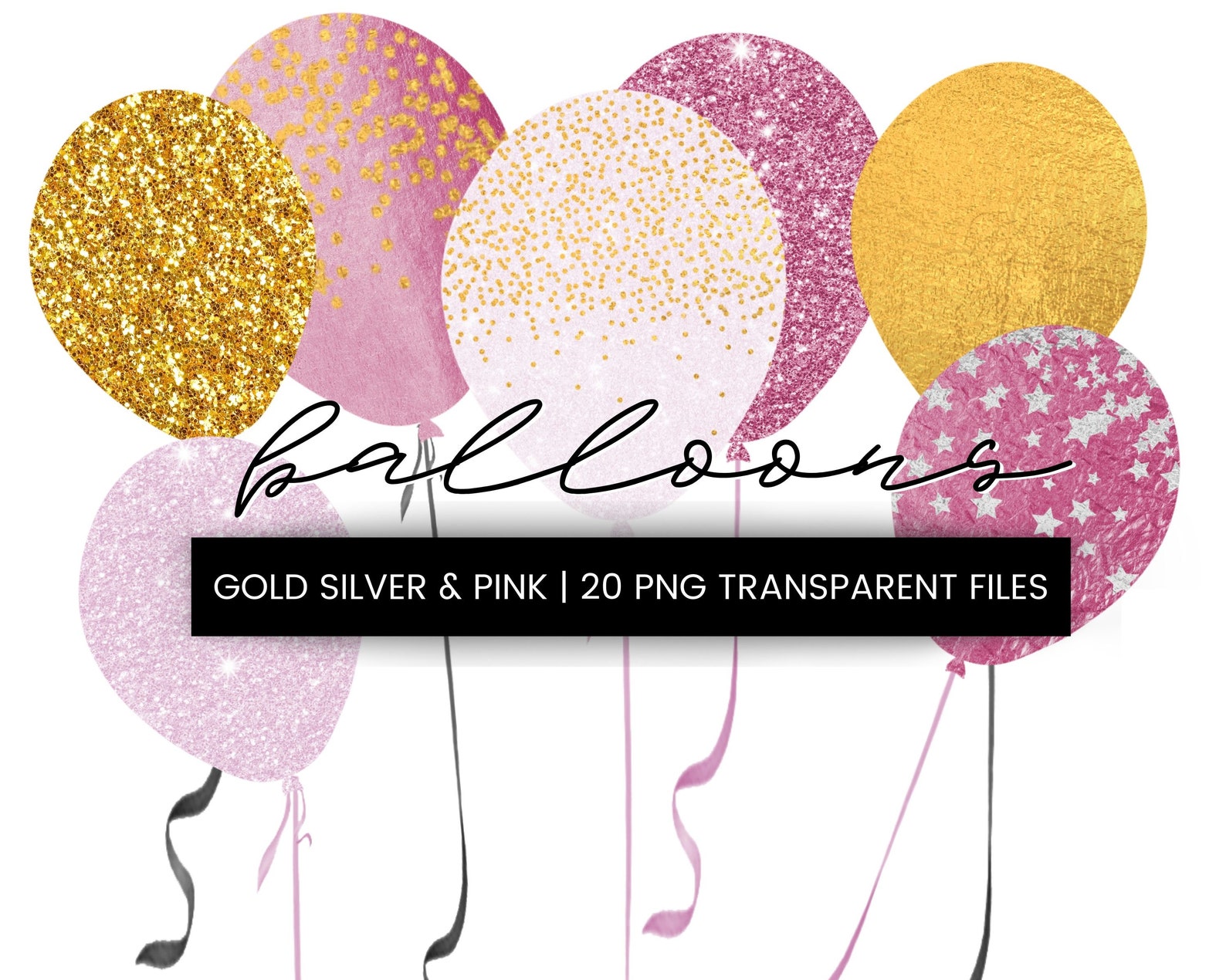 20 Pink Balloons Transparent Clipart, Digital Gold Balloon, Pink, Foil ...