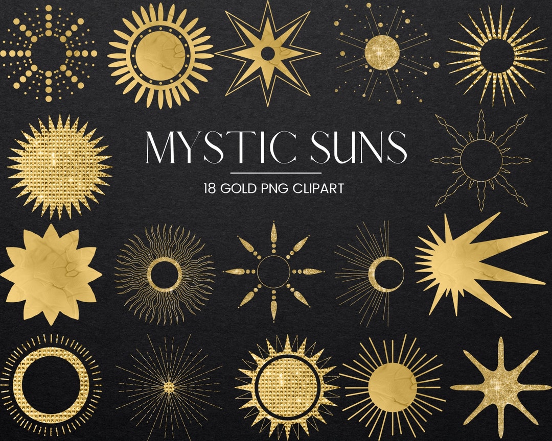 Mystical Gold Sun Clipart, Gold Foil, Glitter and Metal Bohemian Sun ...