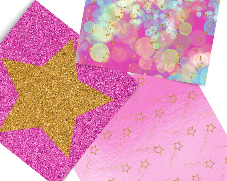 Pink and Gold Glitter Star Digital Paper Pink Foil Stars | Etsy